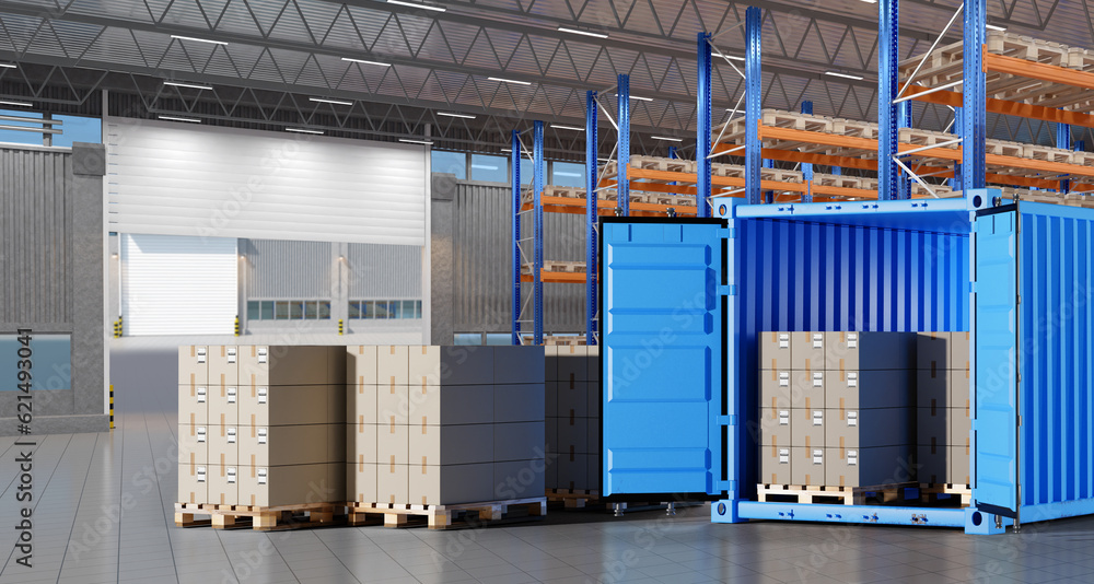 Warehouse interior. Boxes on pallets. Freight transport container ...