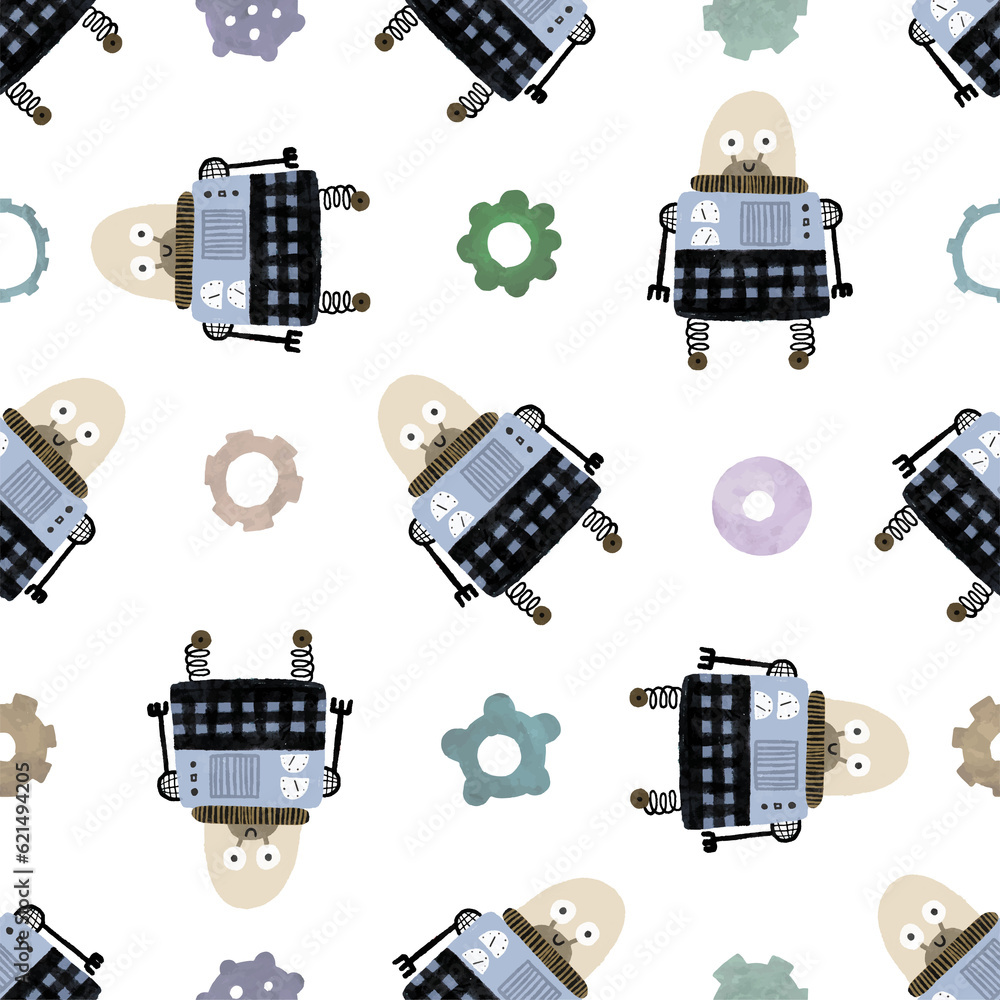 Colorful cartoon robots isolated background seamless pattern. Endless pattern with different ...