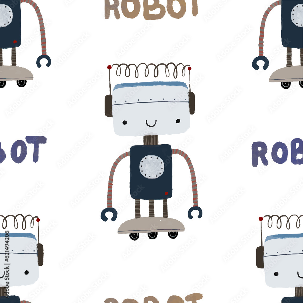 Colorful cartoon robots isolated background seamless pattern. Endless pattern with different ...