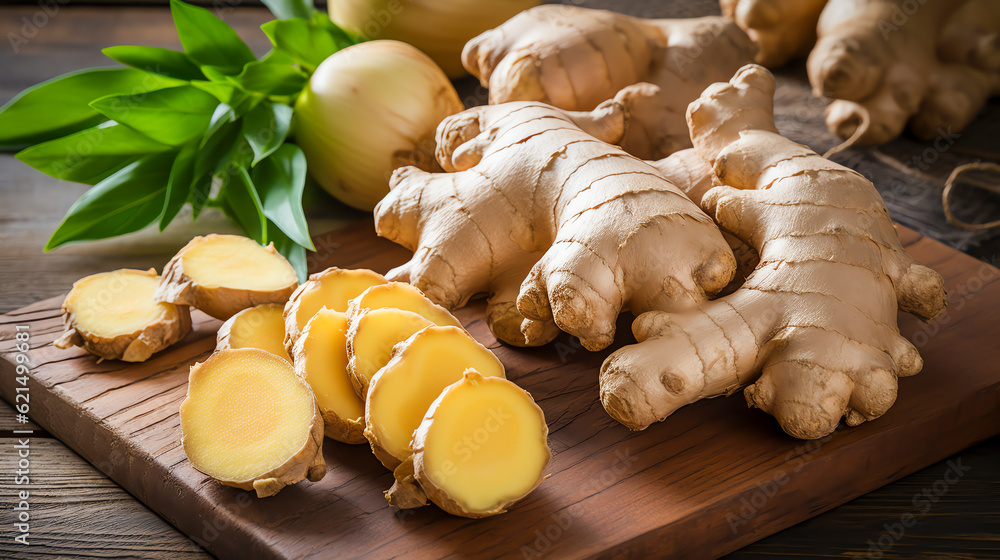 Ingwer ist eine knubbelige, beige Wurzel mit faseriger Textur. Ginger ...