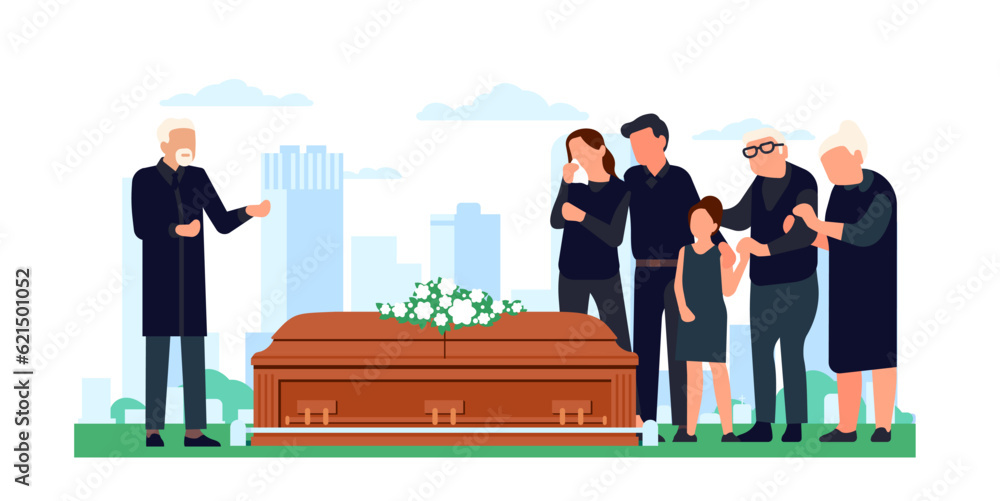Funeral ceremony. Sad family members standing in cemetery near coffin ...