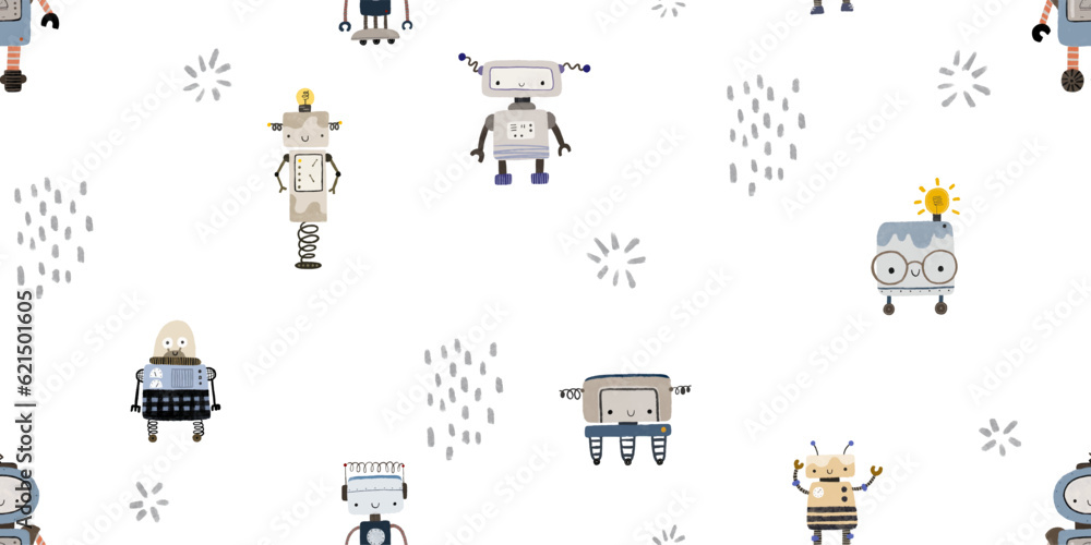 Colorful cartoon robots isolated background seamless pattern. Endless pattern with different ...
