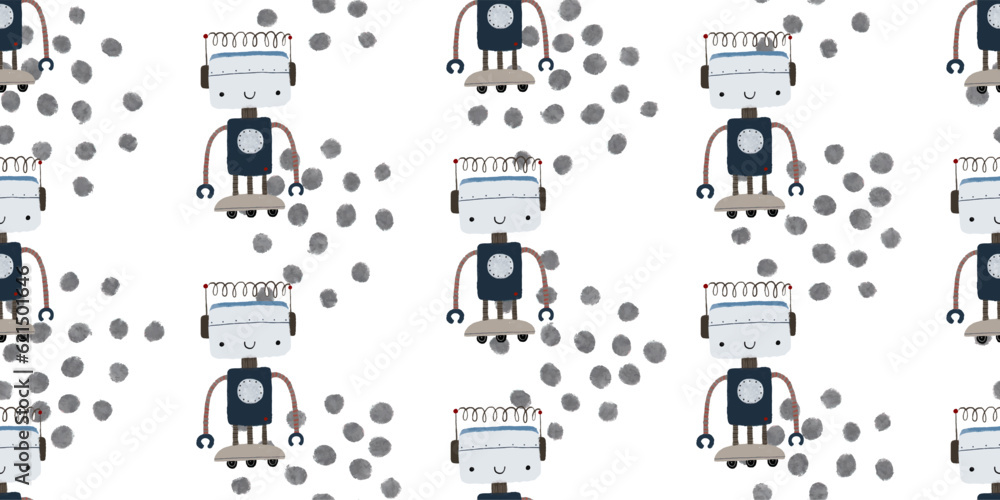 Colorful cartoon robots isolated background seamless pattern. Endless pattern with different ...