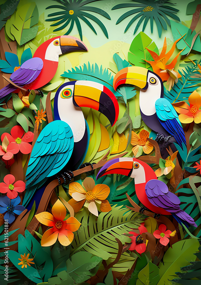 Tukane, die eine Party in einem Dschungel mit tropischen Früchten und ...