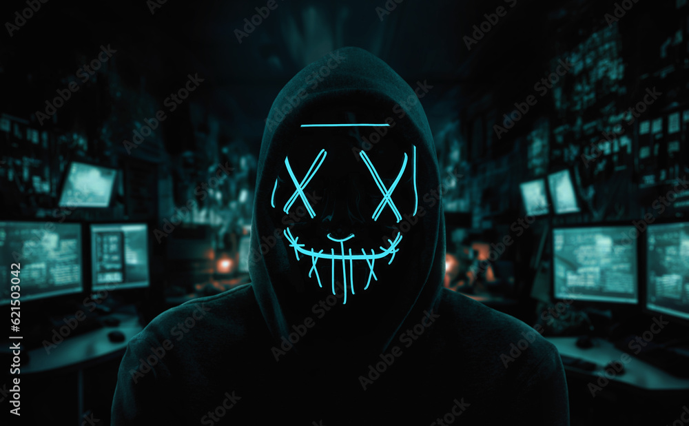 Portrait of a computer hacker wearing neon mask over dark room ...