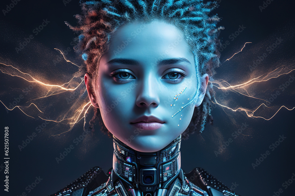 Android in matrix space. Artificial intelligence in a female form ...