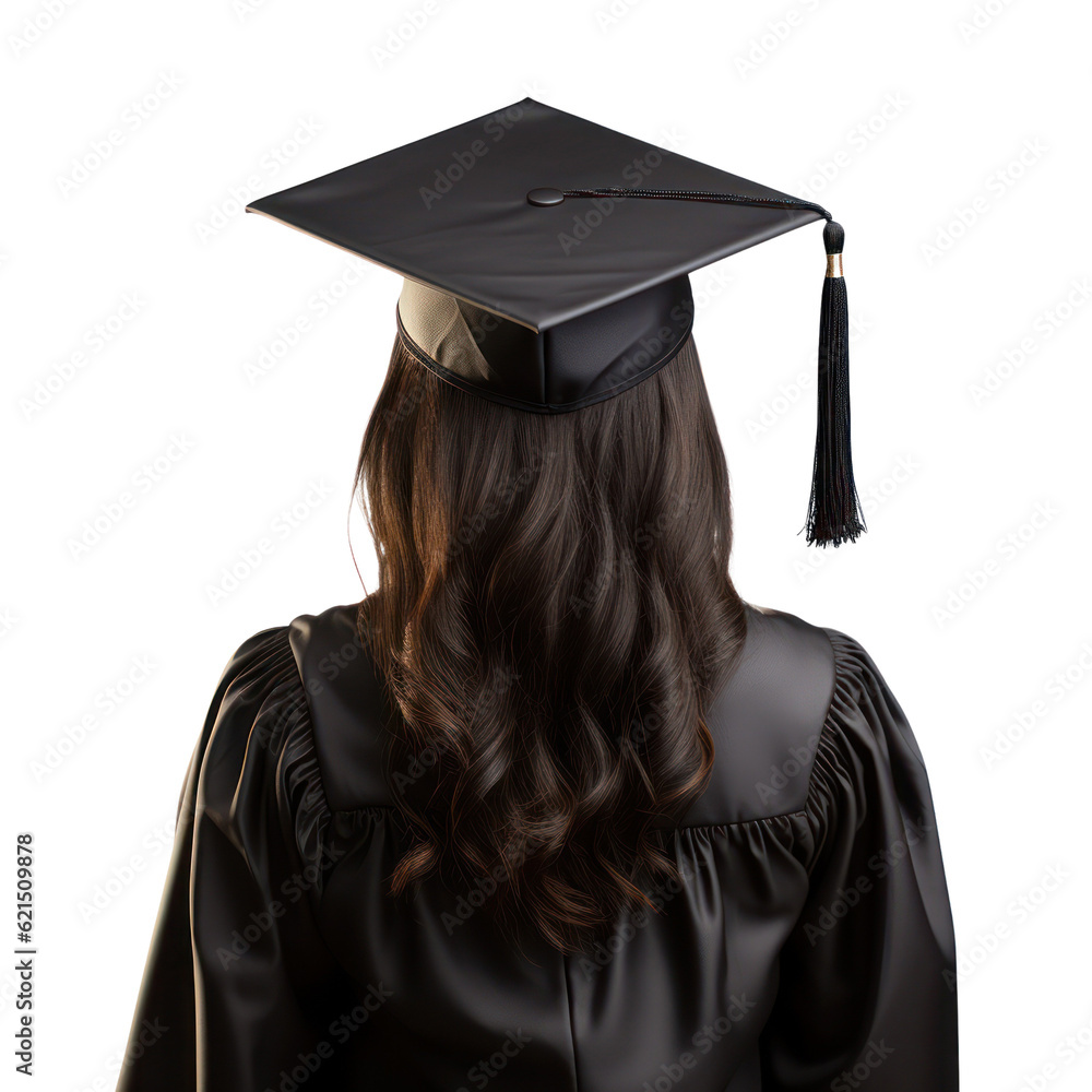 College graduation. Female graduate in cap and gown rear view isolated ...