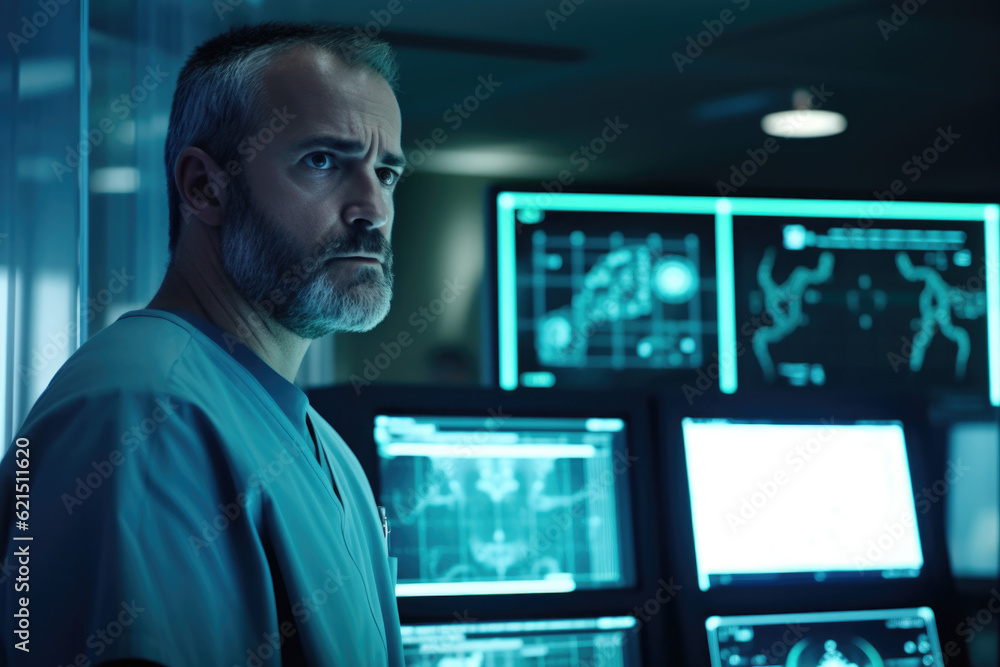 male doctor looking at medical screens in a hospital. responsibility ...