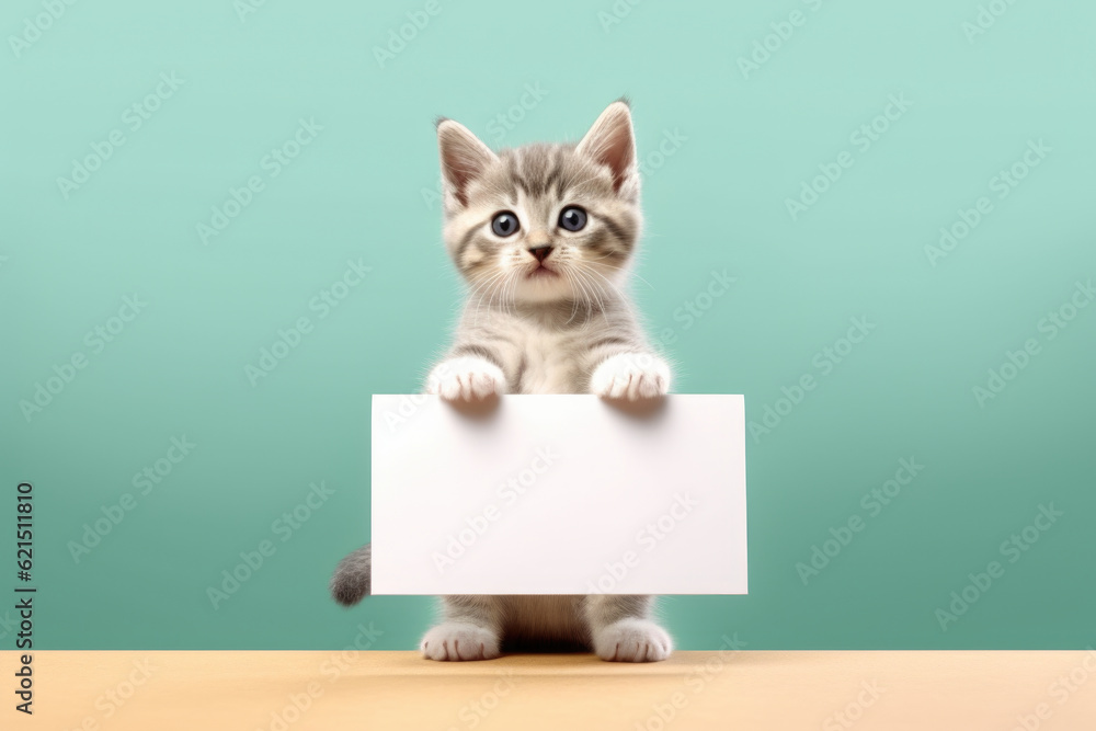 small kitten holding up a blank sign against a green background ...