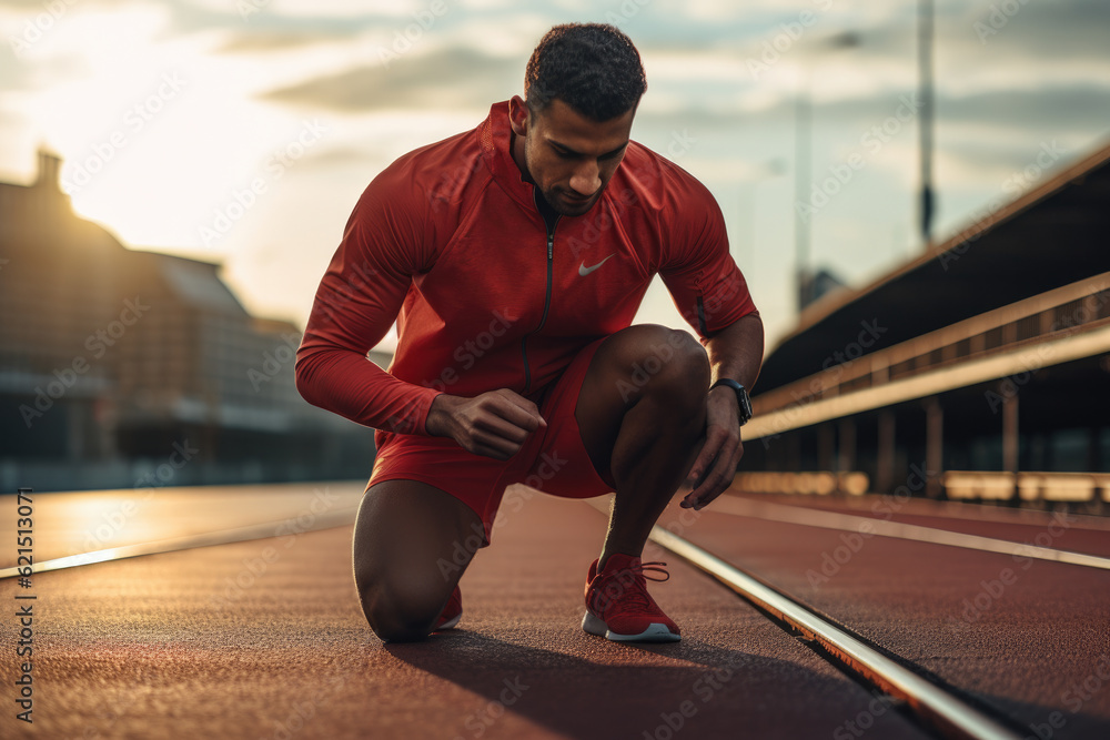 running athlete squatting on a track to get ready for their next ...