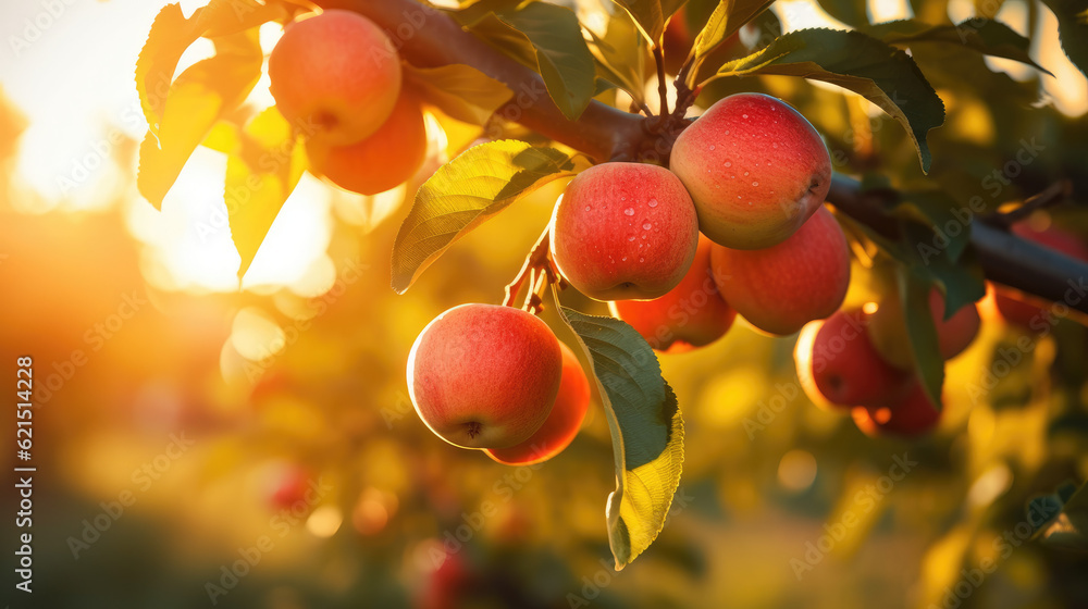 Fruit farm with apple trees. Branch with natural apples on blurred ...