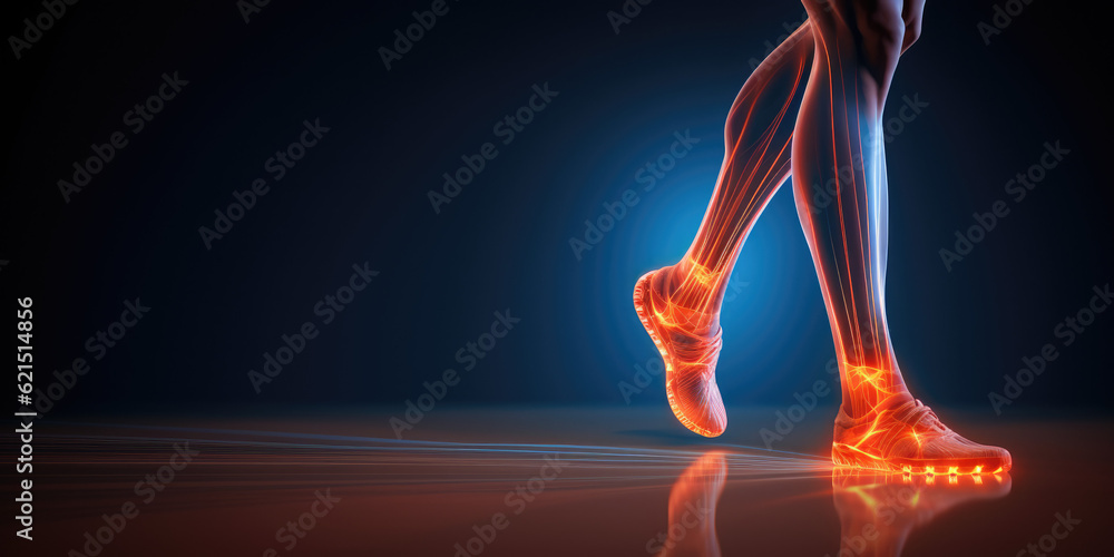 Concept of calf pain, runner's legs with a highlighted area indicating ...