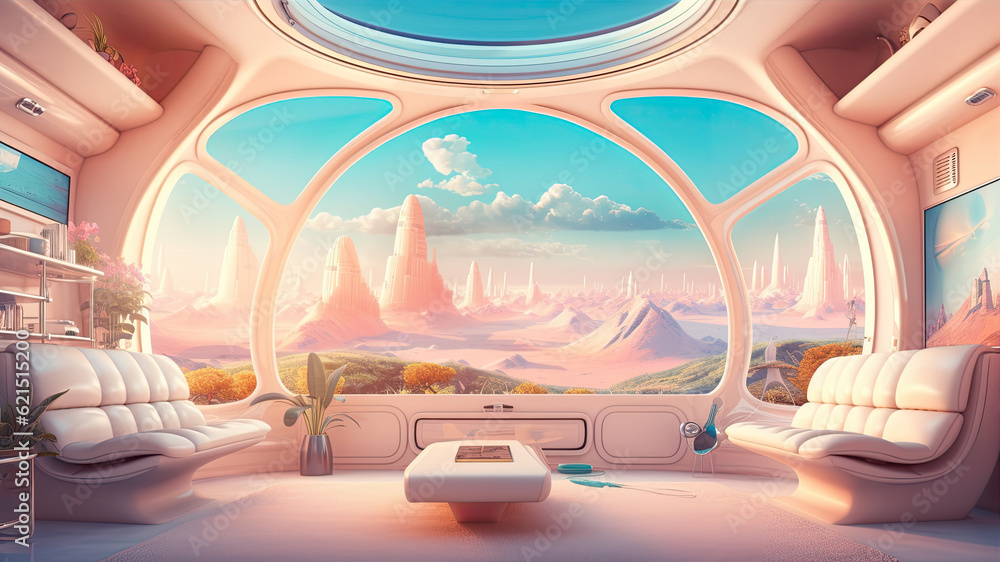 80s retro futurism. Panoramic windows and breathtaking space views ...