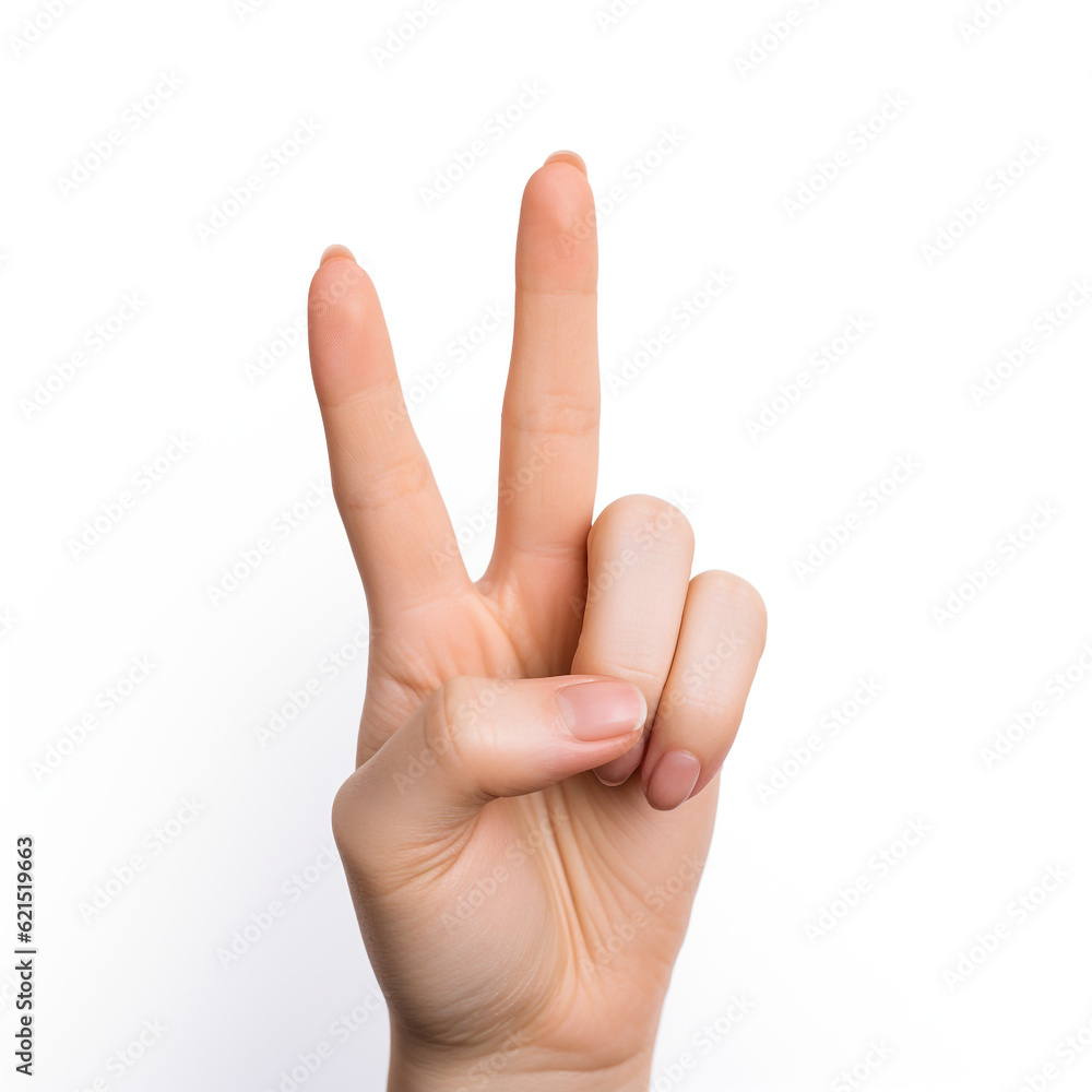 white skinned hand showing piece sign isolated white background ...