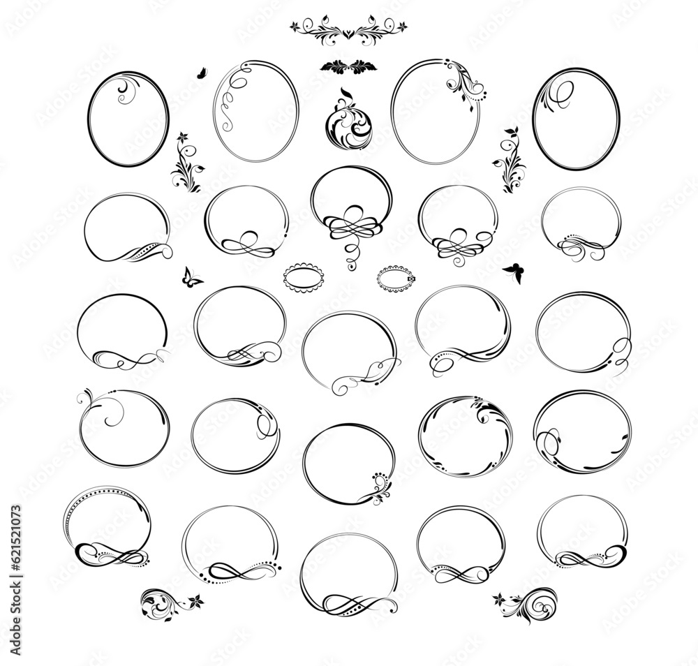 Decorative Black Oval Round Frames And Vignette Set Vintage Calligraphic Borders Ornaments