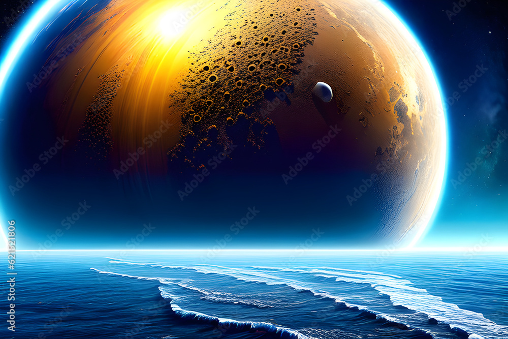 space art, big beautiful distortion planet, beach, concept art ...