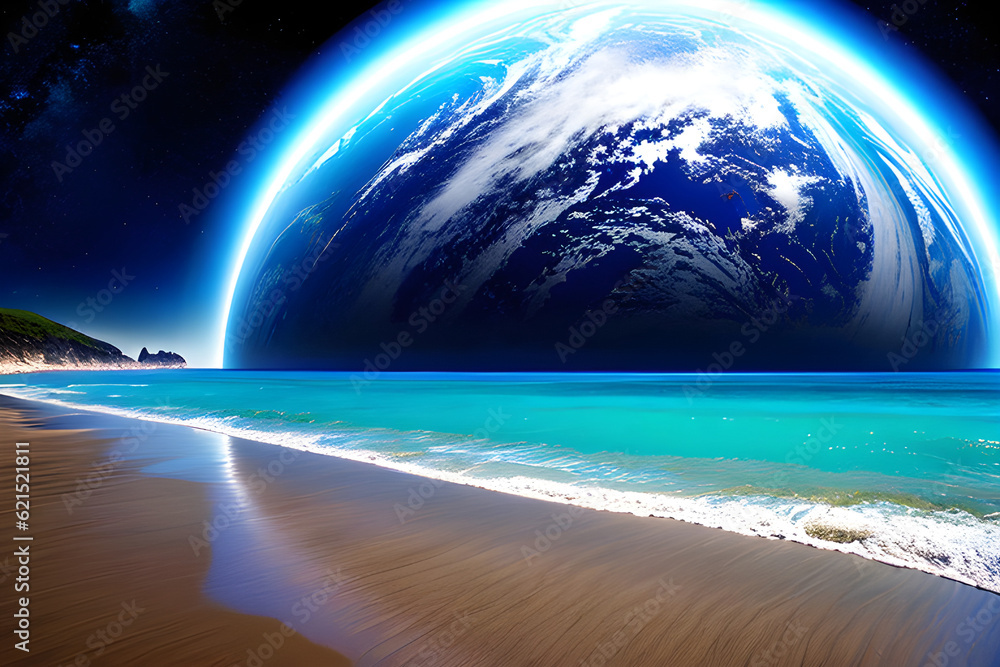 space art, big beautiful distortion planet, beach, concept art ...
