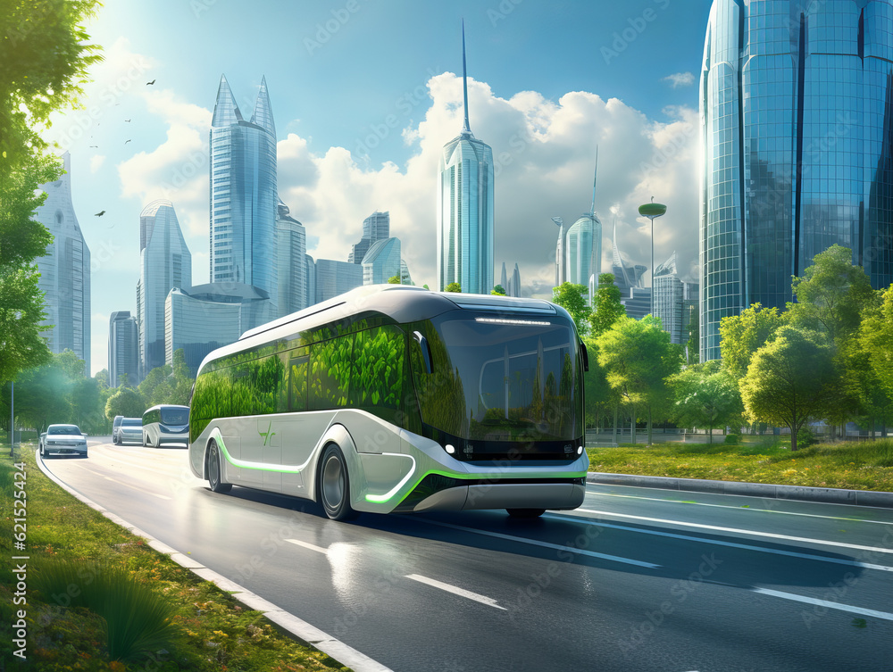 Eco bus on the background of the streets of the city of the future. The ...