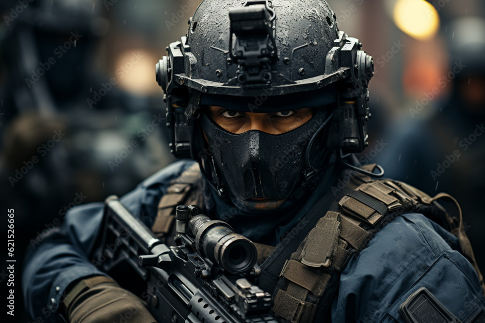 Battle Ready A Special Forces soldier geared up for intense combat ...