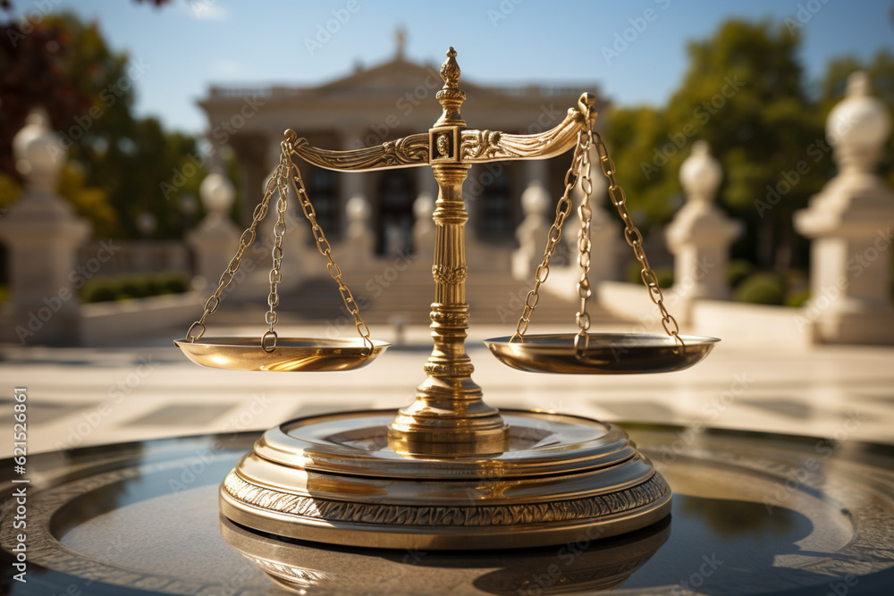 Justice Prevails Scales of justice positioned in front of a courthouse ...