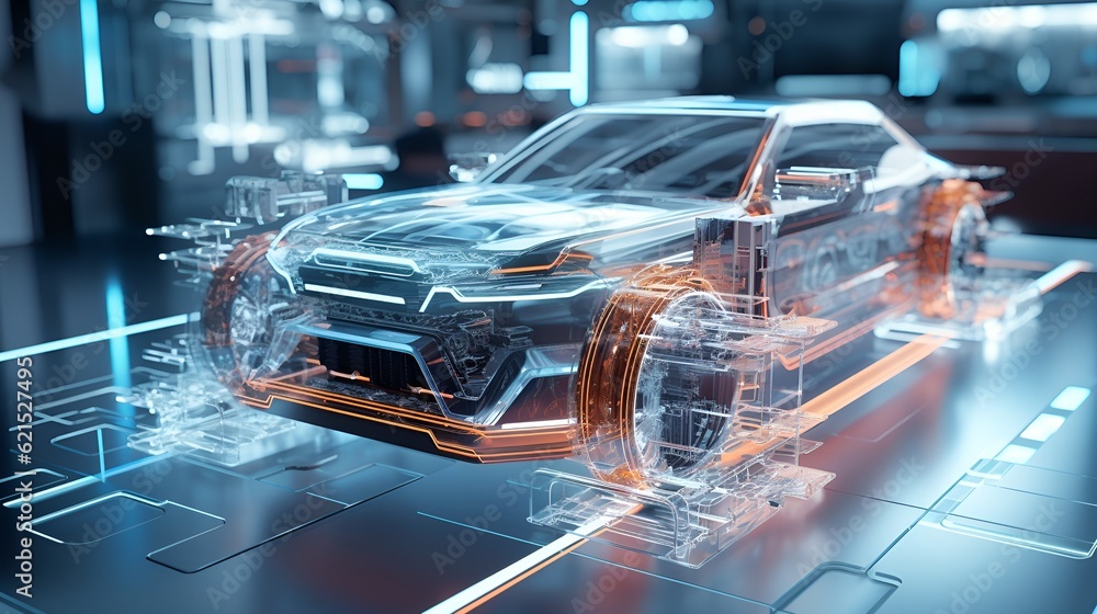 transparent car engine getting ready in advanced automobile lab under ...