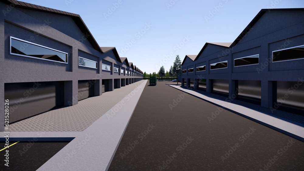 3d rendering of warehouse area for masterplan and site plan landscape ...