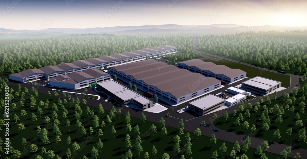 3d rendering of warehouse area for masterplan and site plan landscape ...