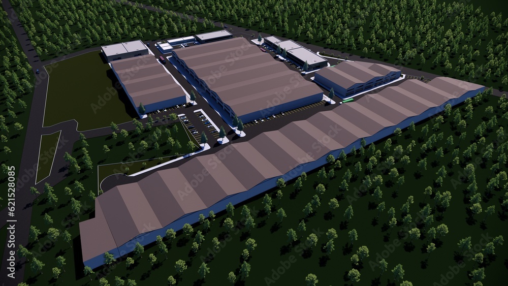 3d rendering of warehouse area for masterplan and site plan landscape ...