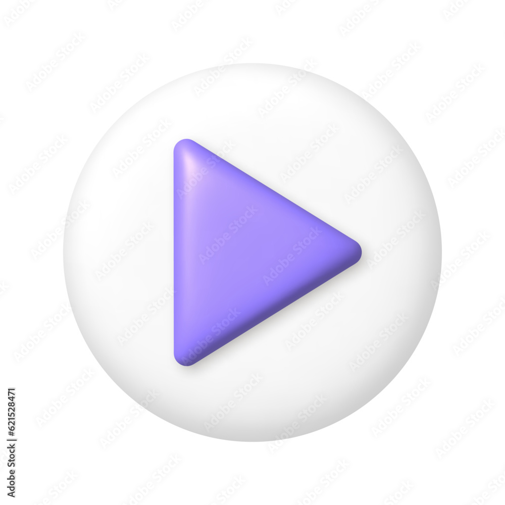 Purple arrow on white button. play button. 3d cartoon vector ...