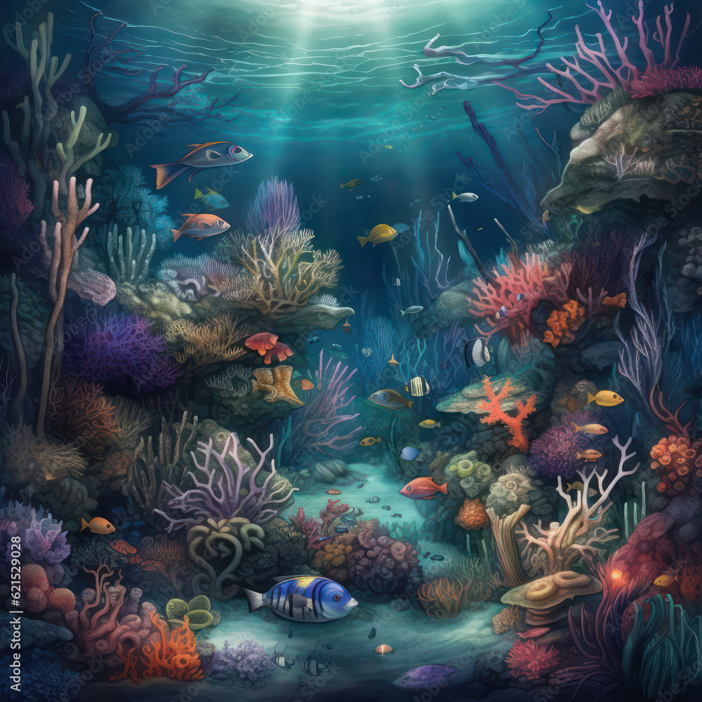 Underwater with coral reefs and fishes background, colorful under the ...