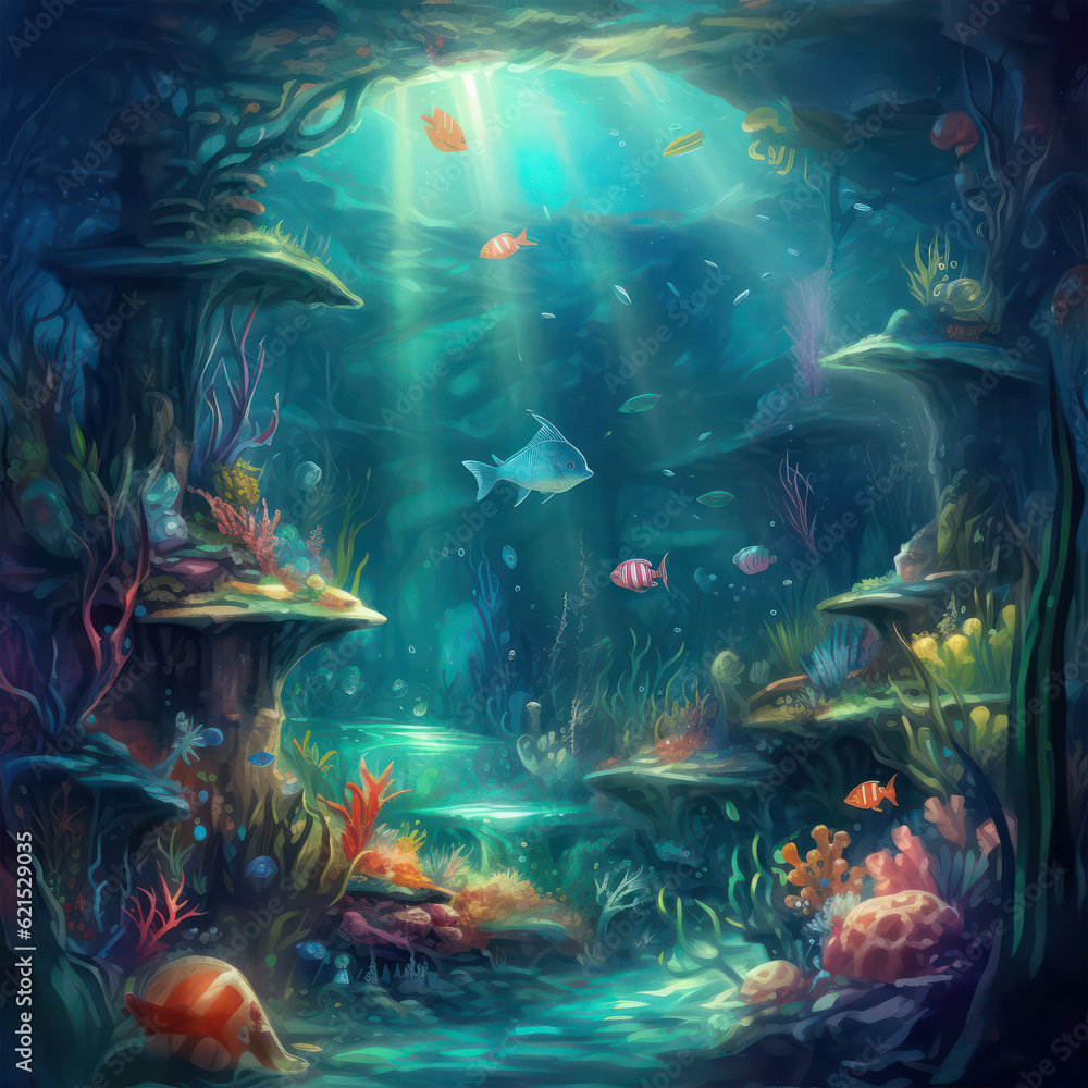 Underwater, ocean life with coral reefs and fishes background, colorful ...