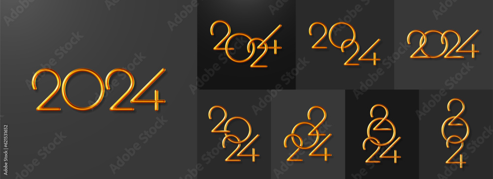 2024 New Year numbers lettering set. 3d realistic thin golden metallic ...