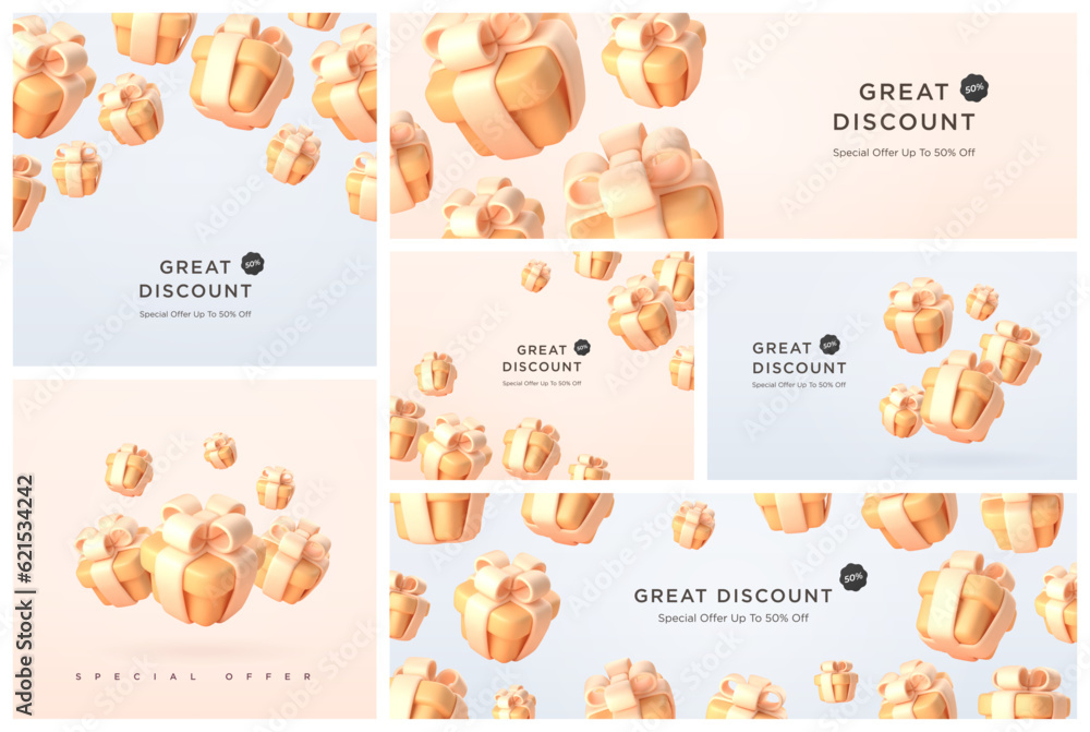 3d realistic festive yellow gift boxes with ribbon and bow. Presents ...