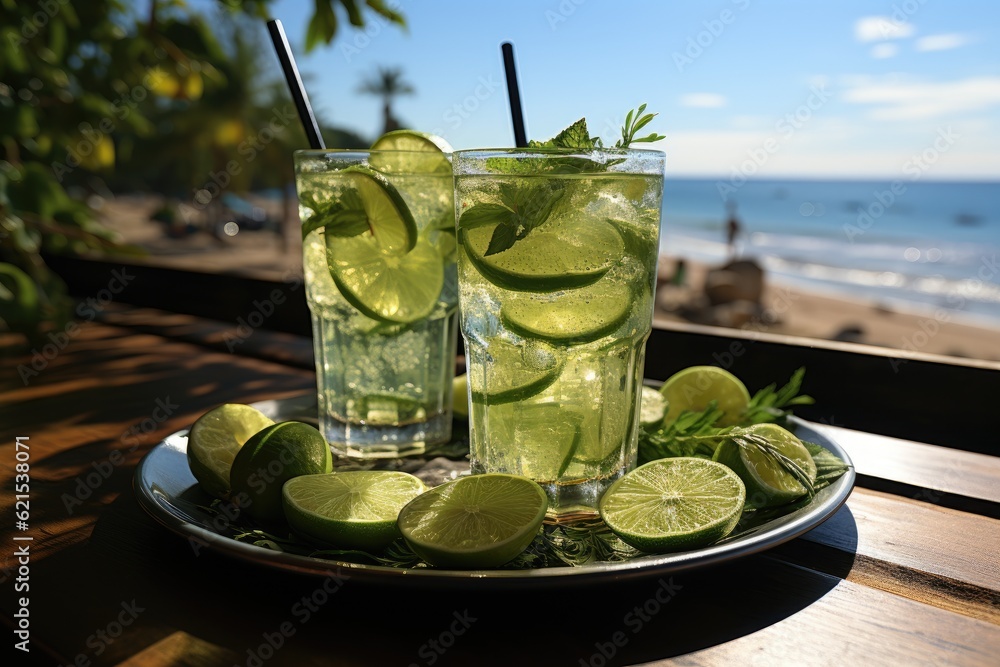 Mojito or virgin mojito long rum drink with fresh mint, lime juice ...