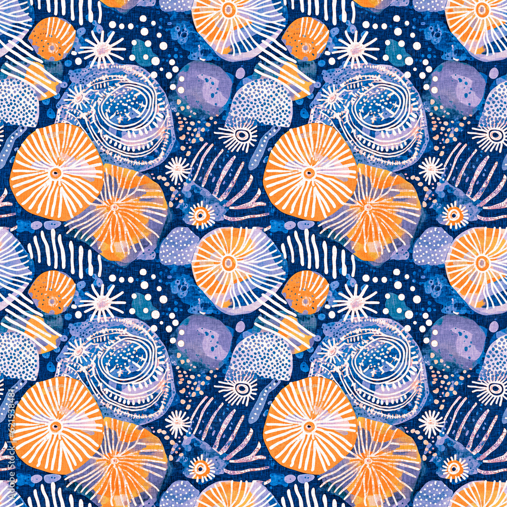 Seamless blue red underwater shell clam repeat background. Tropical ...