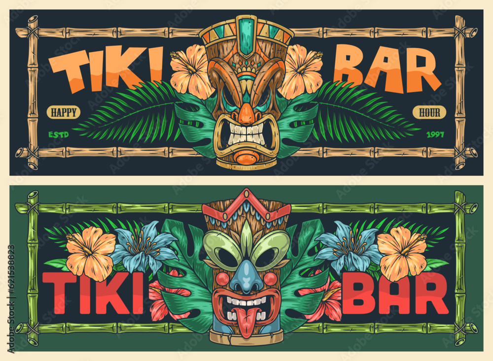 Tiki bar set banners colorful Stock Vector | Adobe Stock