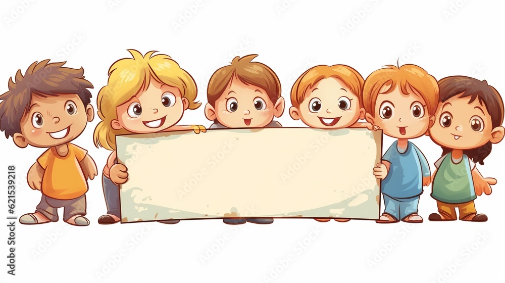 cartoon style illustration of happy cute children holding a empty board ...