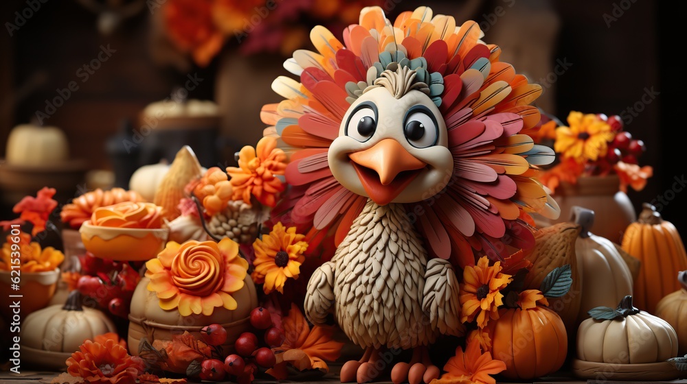 Happy thanksgiving day with a turkey and fall decoration. Generative AI ...