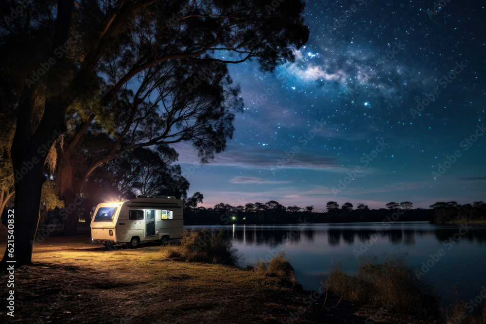 Summer night camping, lighted caravan and trees in the river under a ...
