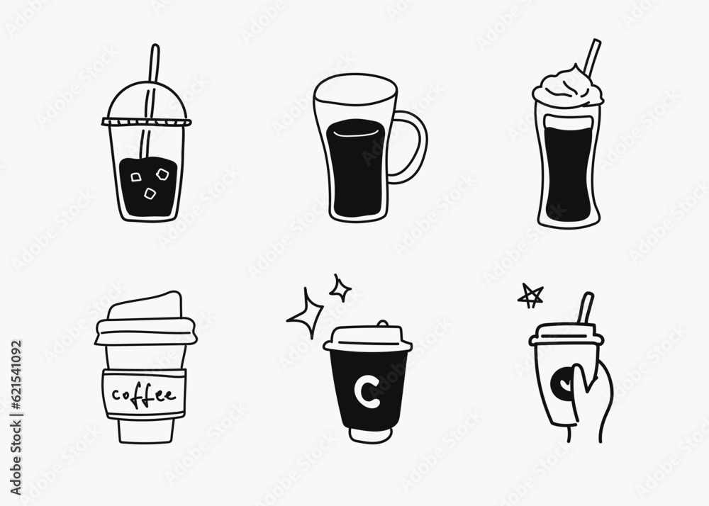 Hand drawn line doodle style cafe illustrations, black line icons, cafe ...