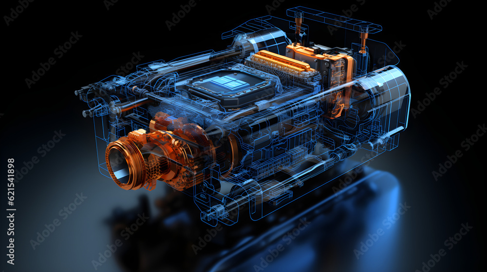 A image of a blue wireframe of a electric engine on black background ...