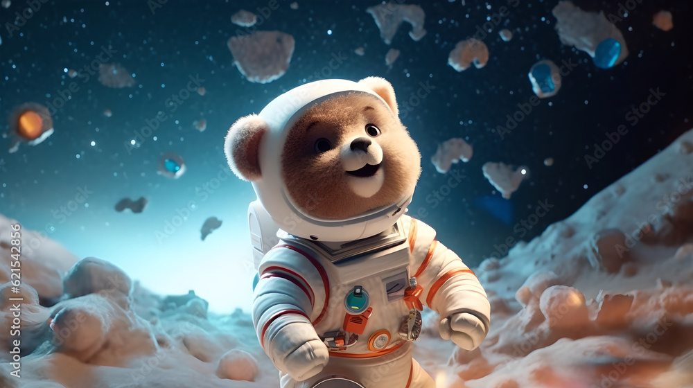 Teddy bear astronaut wearing a tiny space suit floating in space and ...