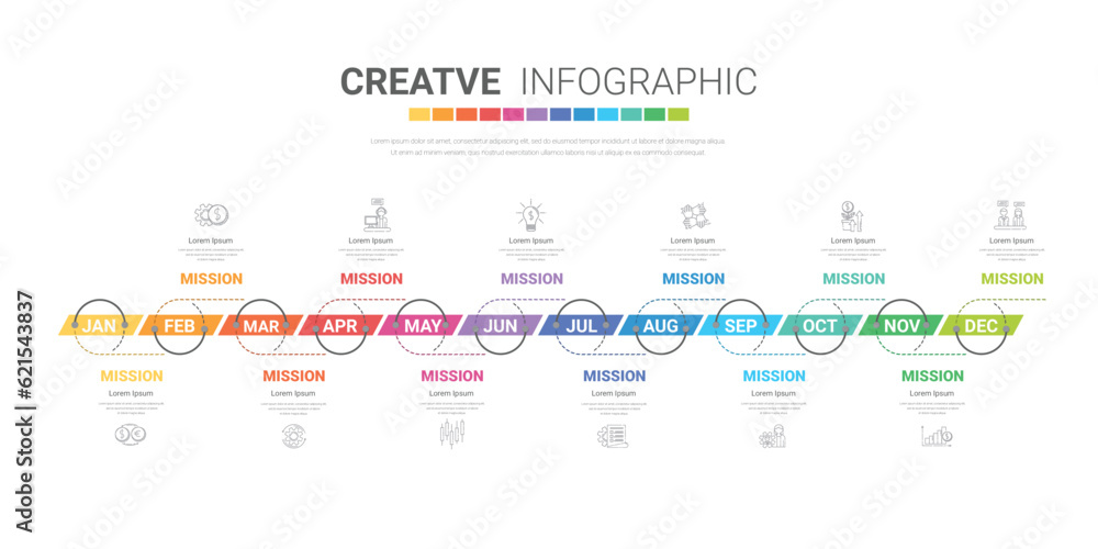 Timeline for 1 year, 12 months, infographics all month planner design ...