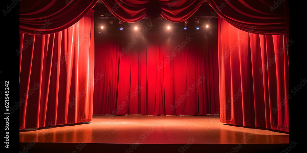 Realistic theater red dramatic curtains, spotlight on stage theatrical ...