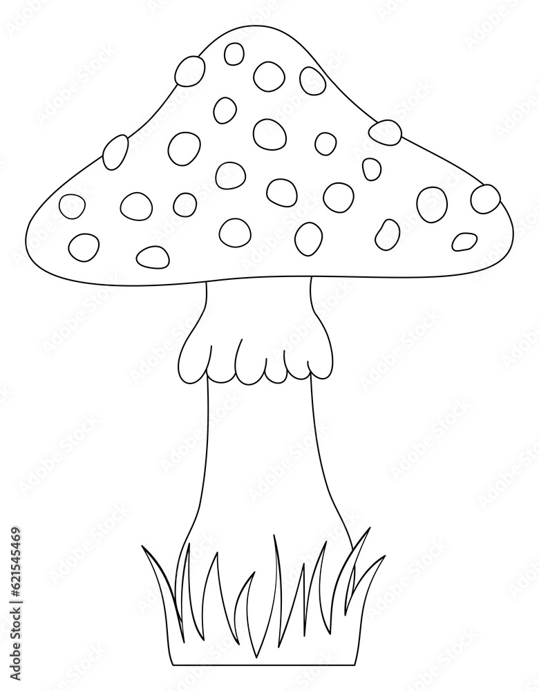 Toadstool fungus with grass. Mushroom outline illustration. Coloring ...