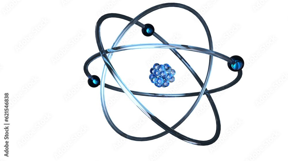 close up of atom model berry like nucleus with electrons in blue with ...