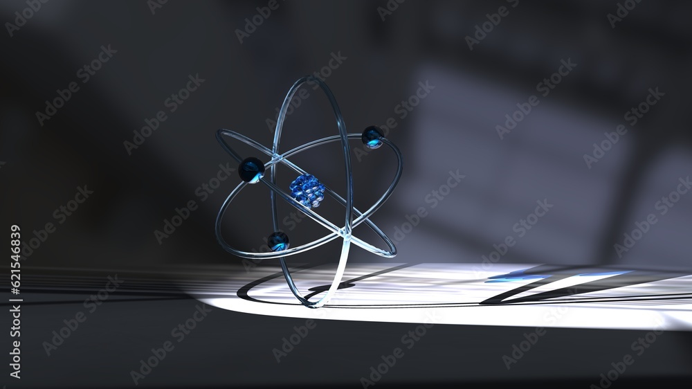 blue atom model nucleus with electrons in spotlight with reflections on ...