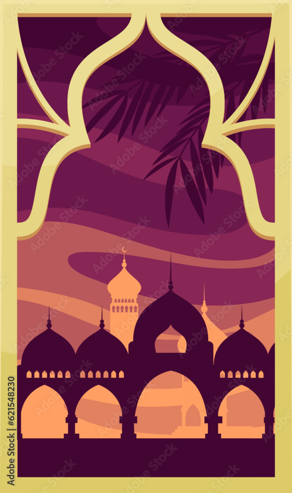 Oriental arch window with Middle East city landscape vector ...