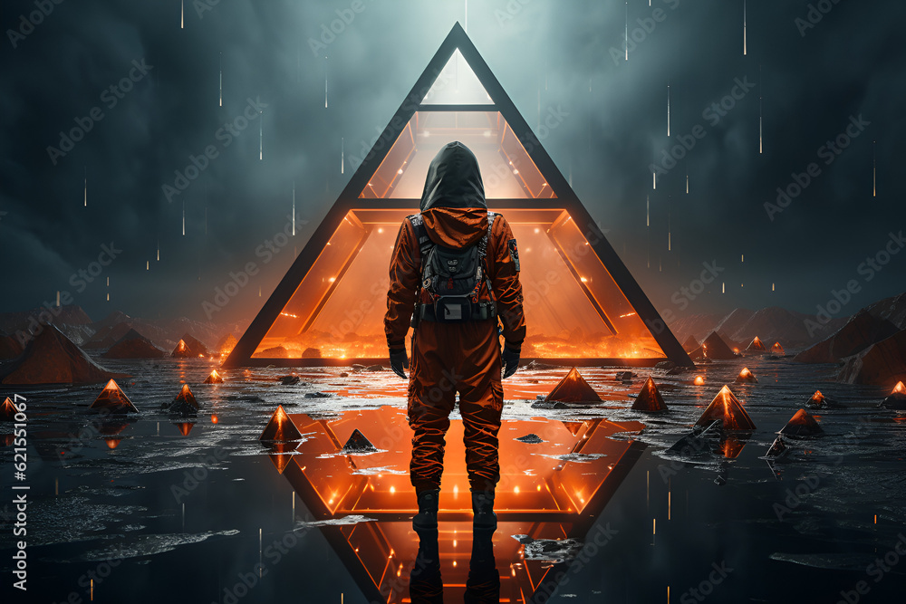 man standing glowing triangle neon in sky, Sci Fi Futuristic surreal ...