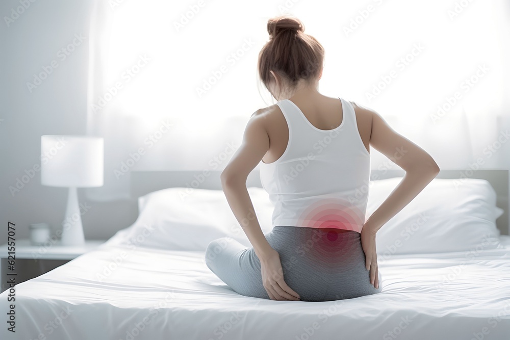 Young woman suffering from low back and loin pain. AI generated. Stock ...